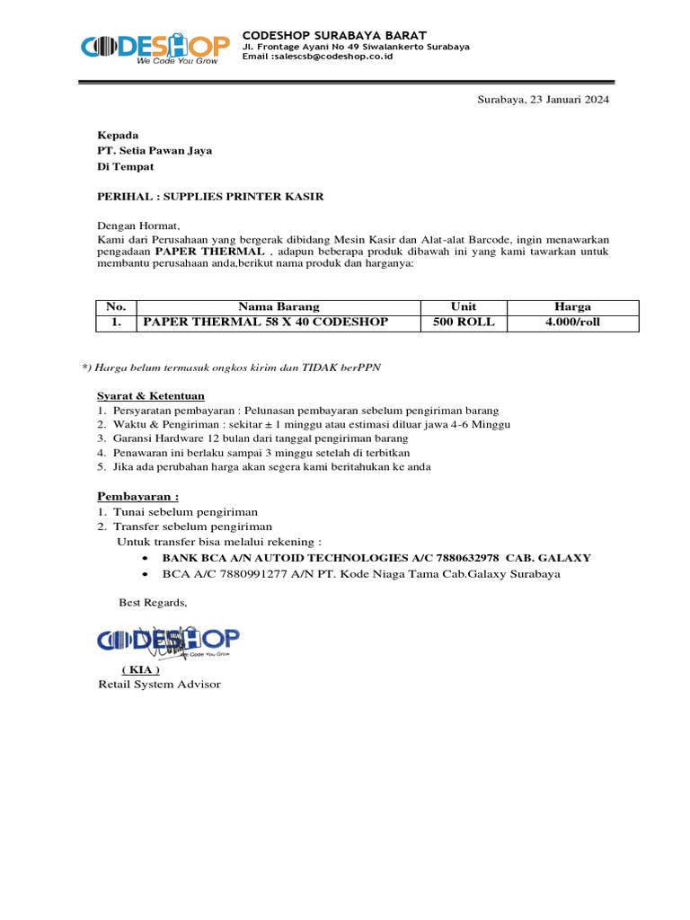 PENAWARAN PT. Setia Pawan Jaya | PDF