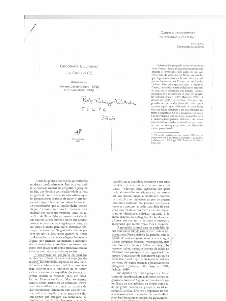 Paul Claval - Geografia Cultural - Um Século | PDF