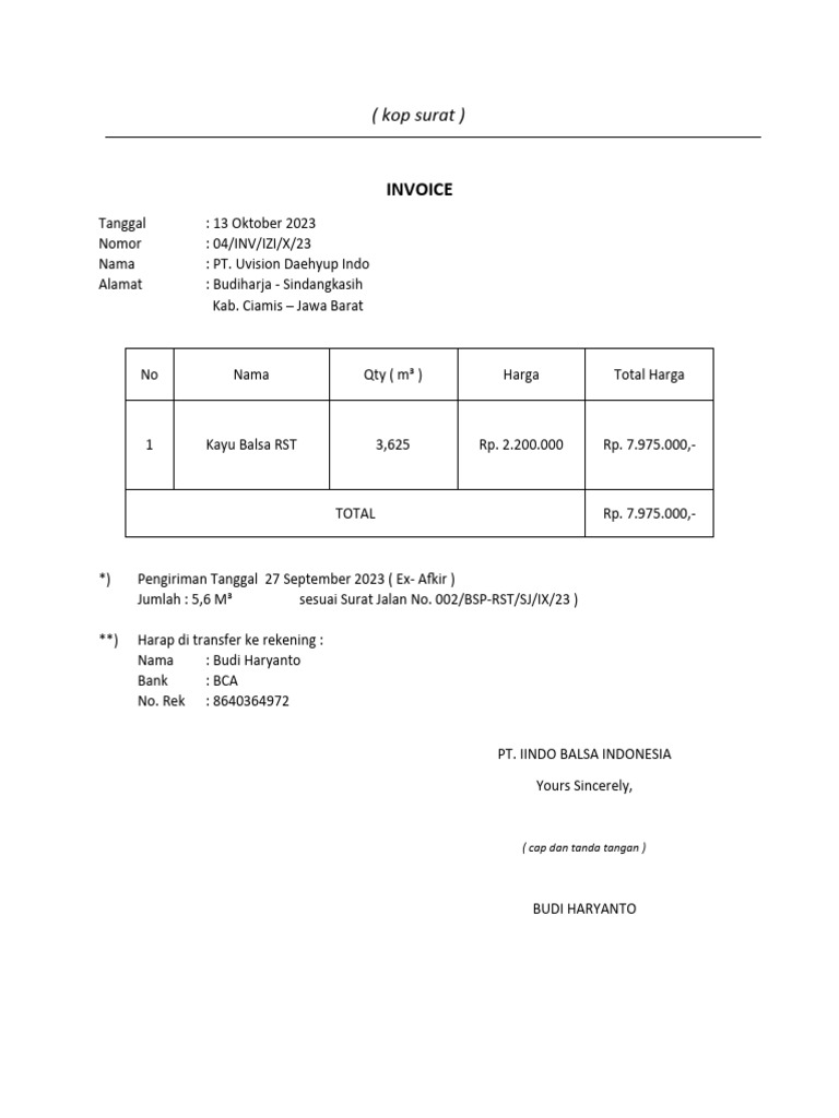 Format Invoice Bahan Baku Supplier 2 | PDF