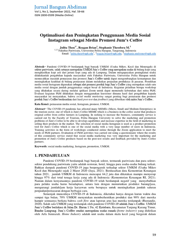 Optimalisasi dan Peningkatan Penggunaan Media Sosial Instagram sebagai Media Promosi Jum's ...