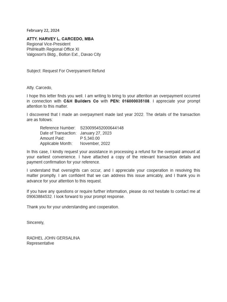 Request For Overpaid Refund - PHIC | PDF