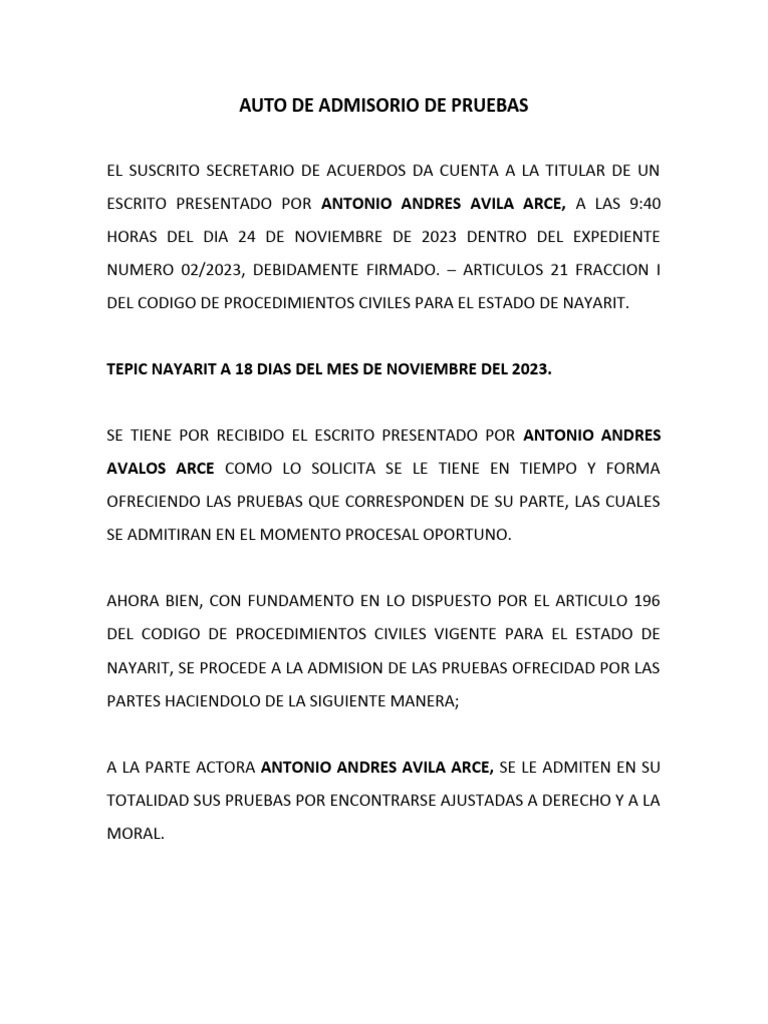 AUTO ADMISORIO DE PRUEBAS | PDF