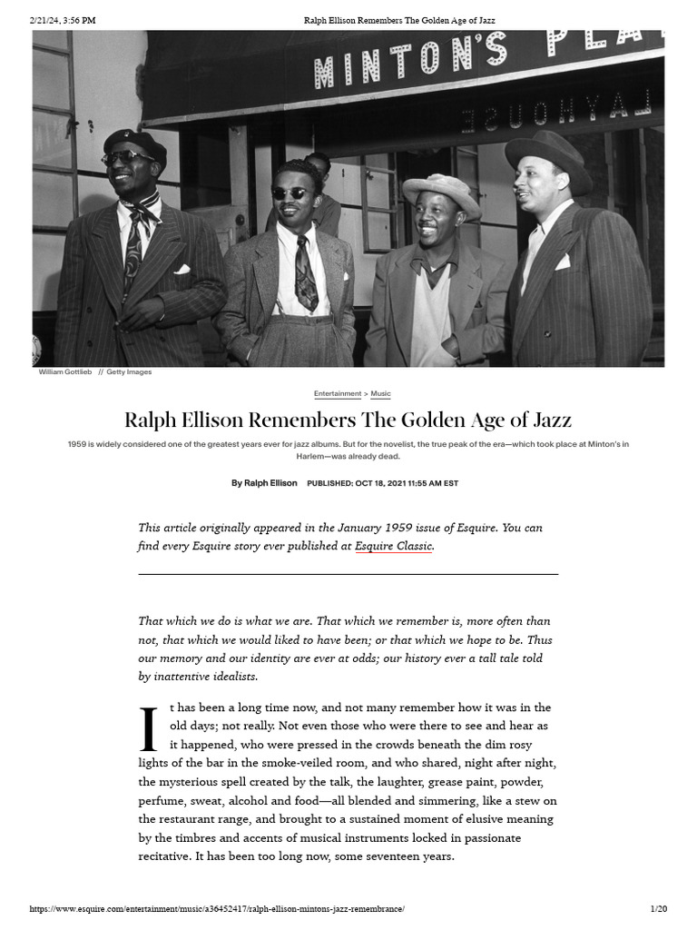 Ralph Ellison Remembers The Golden Age of Jazz | PDF