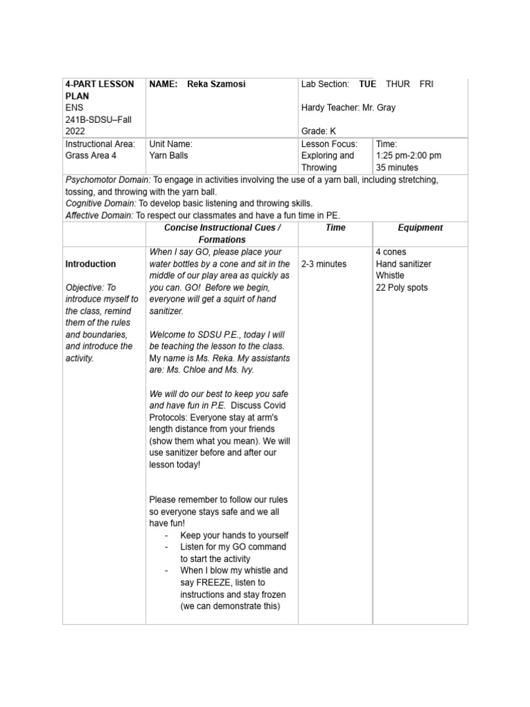 4 Part Lesson Plan K 2 | PDF | Physical Education