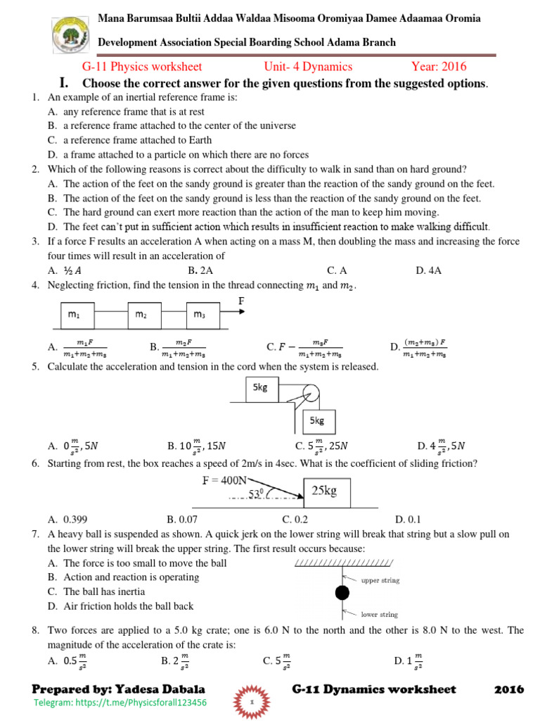 Physics G - 11 Dynamics Worksheet 1 | PDF | Force | Friction
