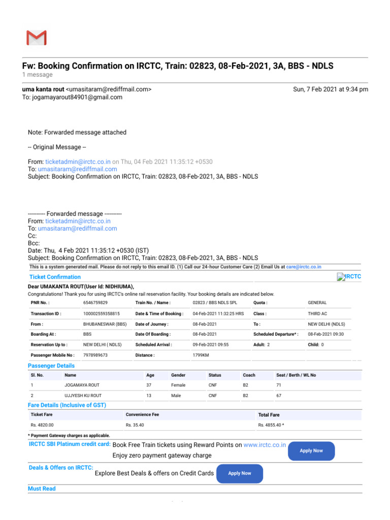 Gmail - FW - Booking Confirmation On IRCTC, Train - 02823, 08-Feb-2021 ...