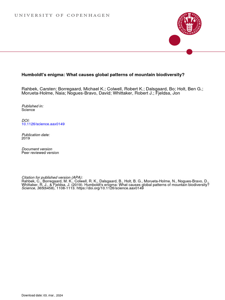 Humboldt S Enigma What Causes Global Patterns of Mountain Biodiversity Accepted Version | PDF ...