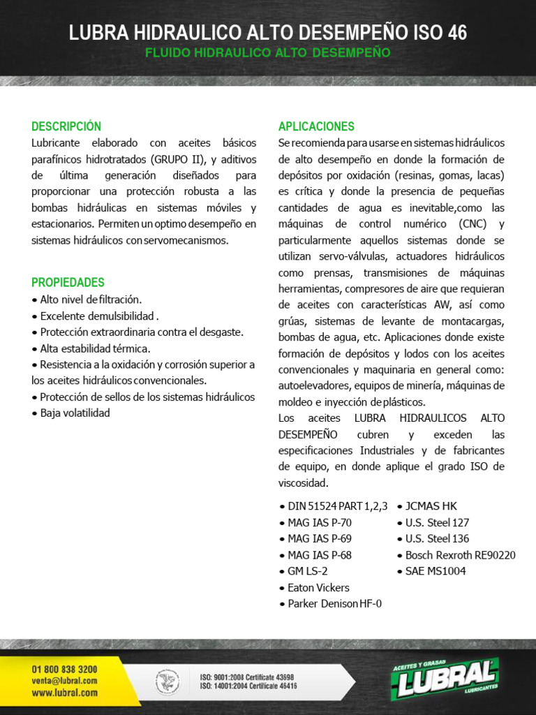 Lubra Hidráulico ISO 46 Alto Desempeño | PDF | Lubricante | Procesos ...