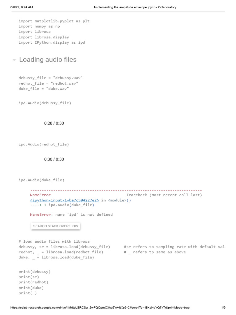 Implementing The Amplitude Envelope - Ipynb - Colaboratory | PDF | Amplitude | Computer Engineering