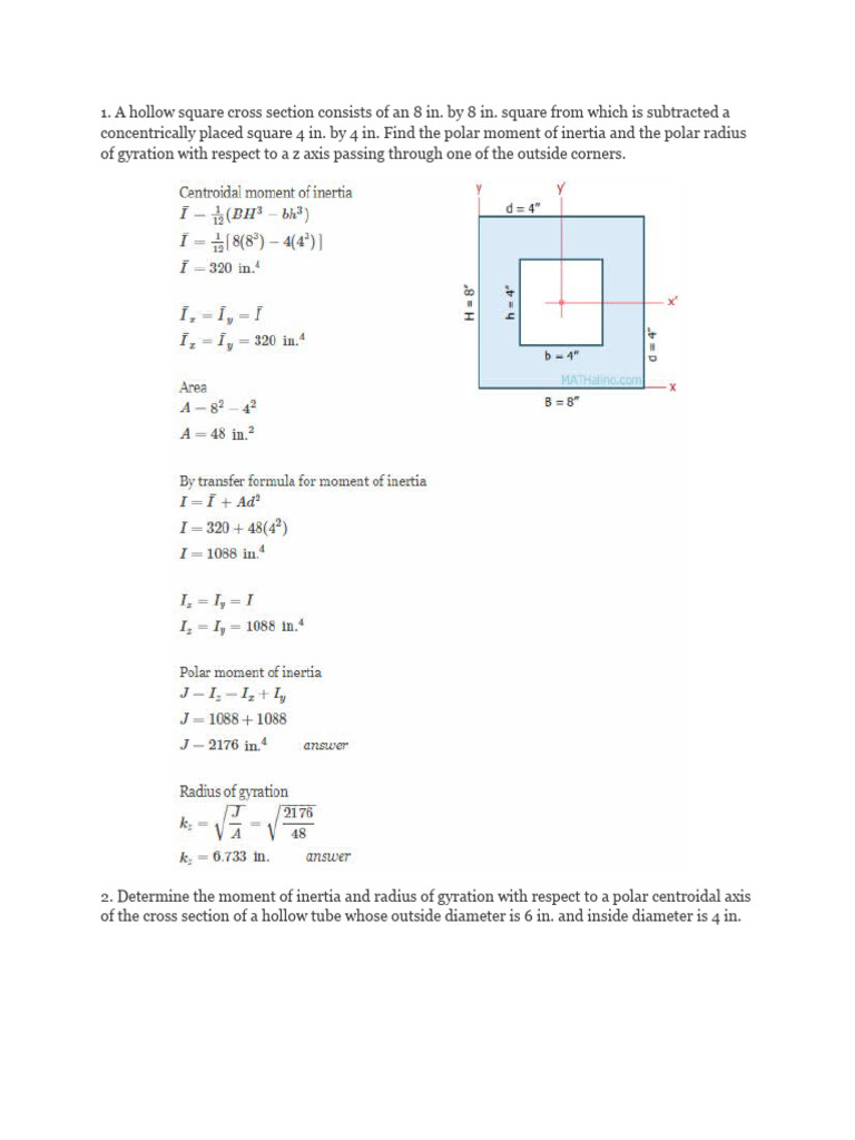 Example Polar Moment of Inertia and Radius of Gyration | PDF