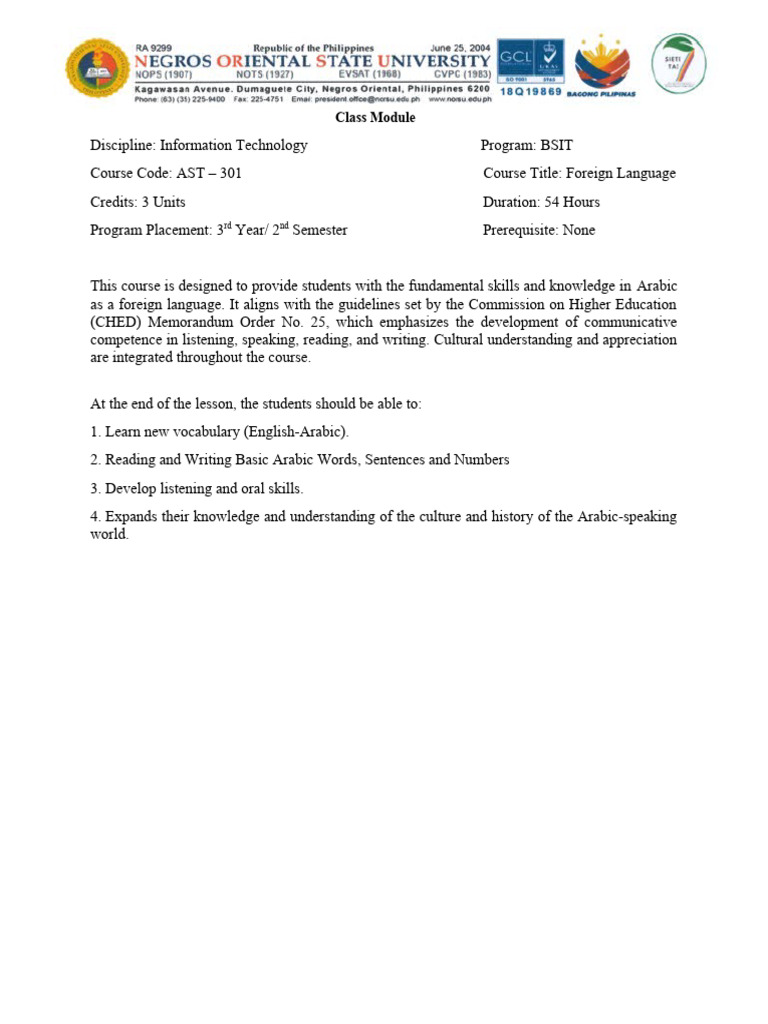 Class Module 1 Arabic Language | PDF | Arabic | Alphabet