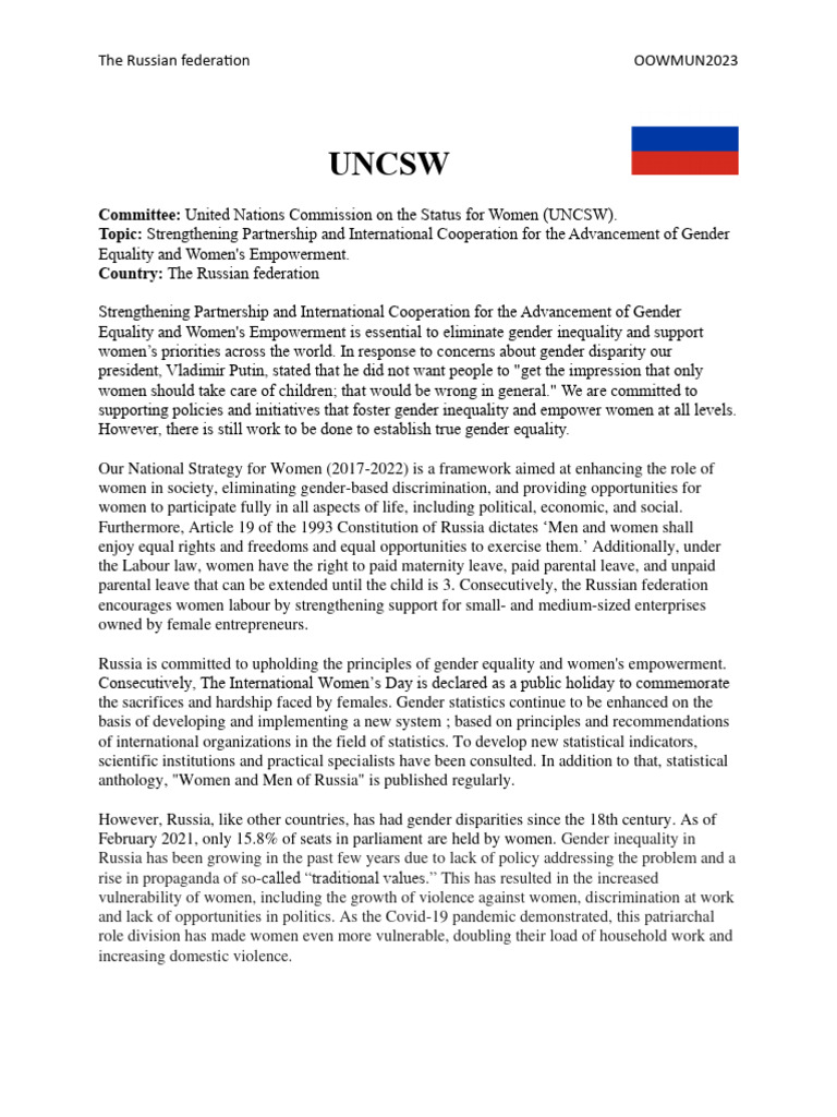 Russia Mun Position Paper | PDF | Gender Studies | Gender Equality