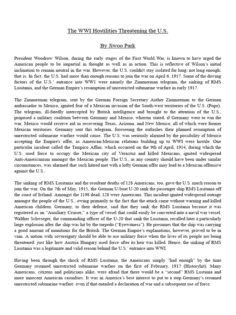 Essay on US Enterance into WW1 | PDF | Rms Lusitania | World War I