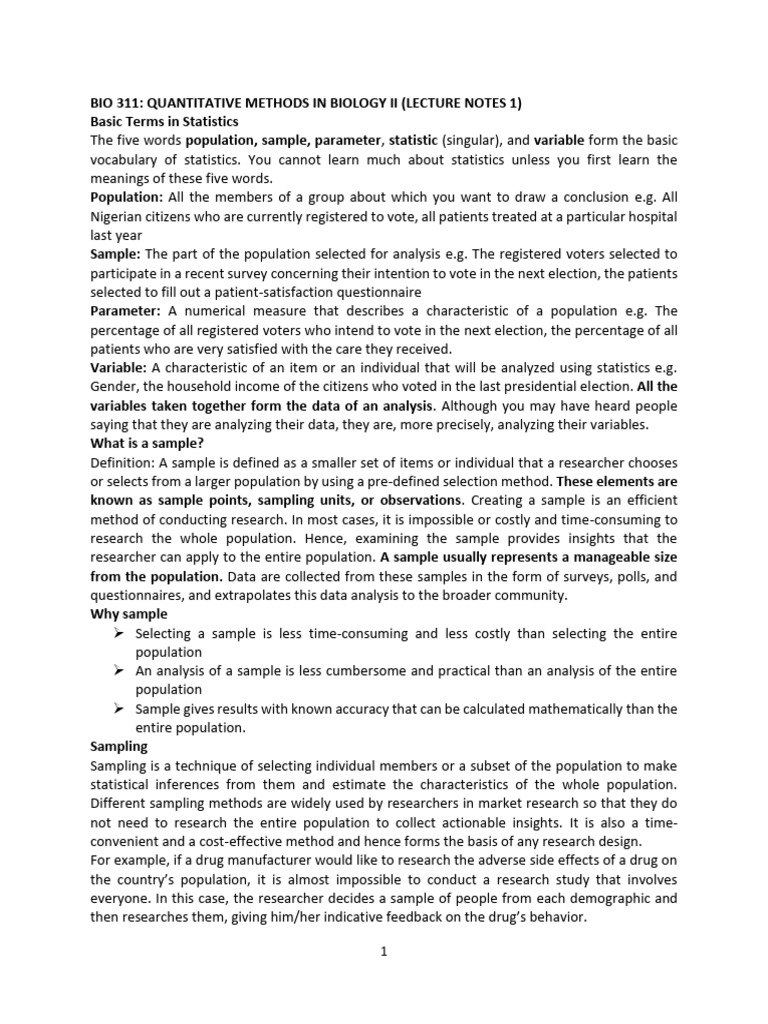 Bio 311 Sec A Notes 1 | PDF | Sampling (Statistics) | Statistics