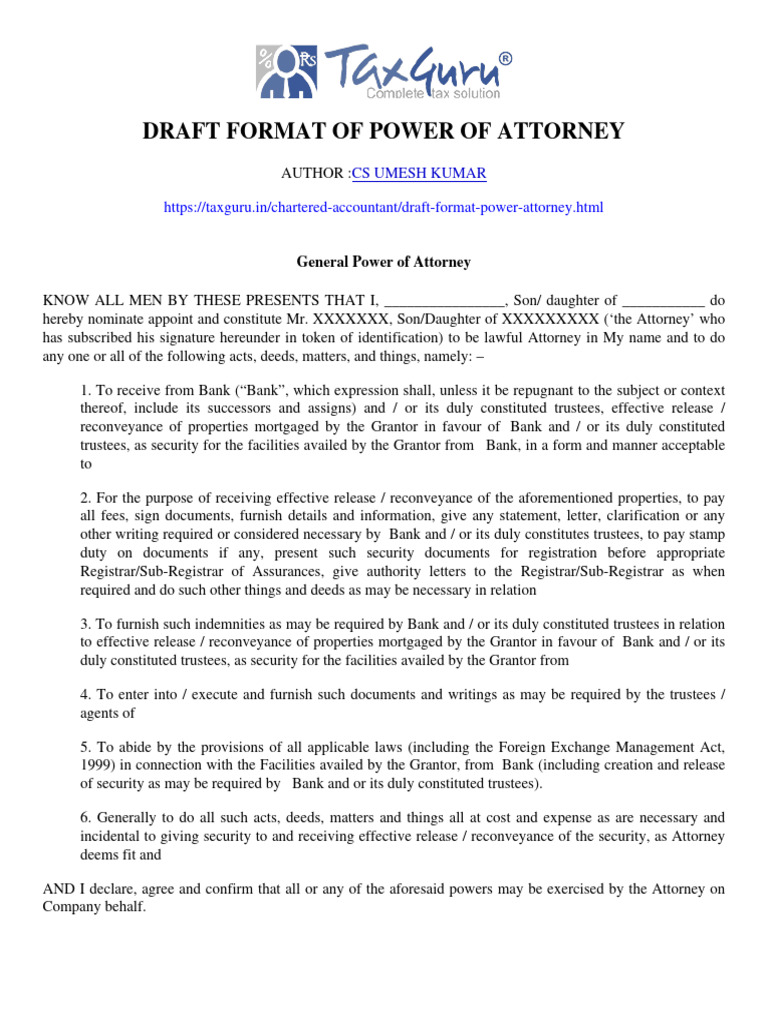 Draft Format of Power of Attorney - Taxguru - in | PDF | Power Of ...