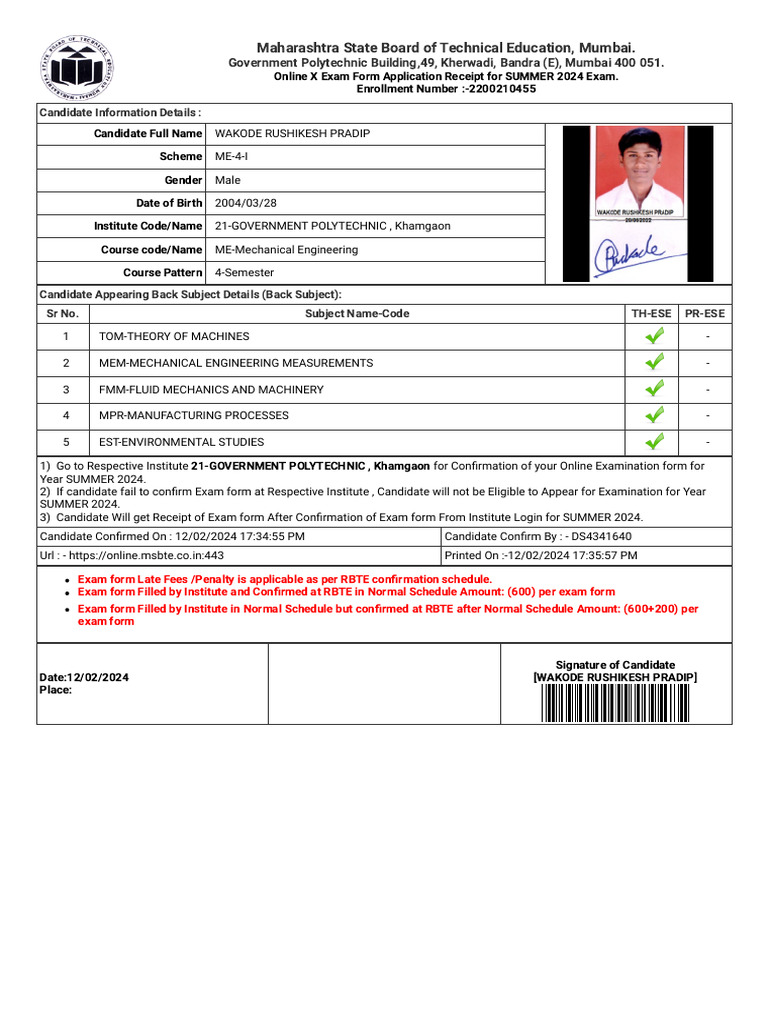 Exam Form Application of Candidate For DS4341640 | PDF