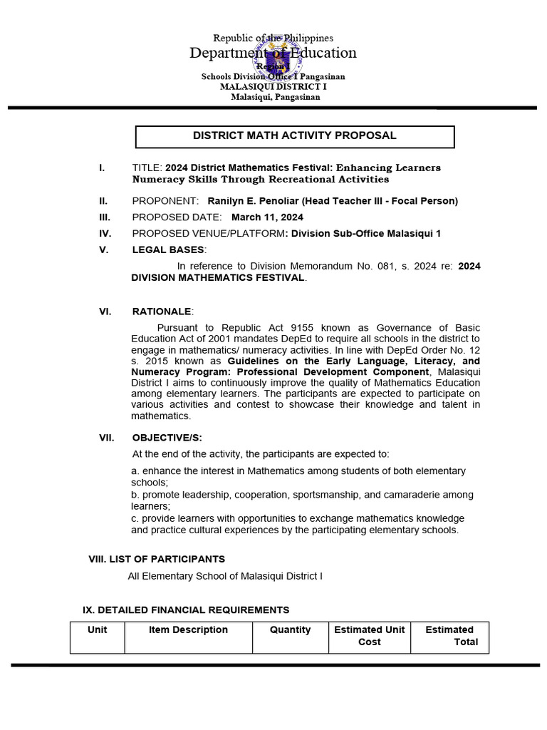 District-Mathematics-Festival-Activity-Matrix (1) | PDF | Mathematical ...