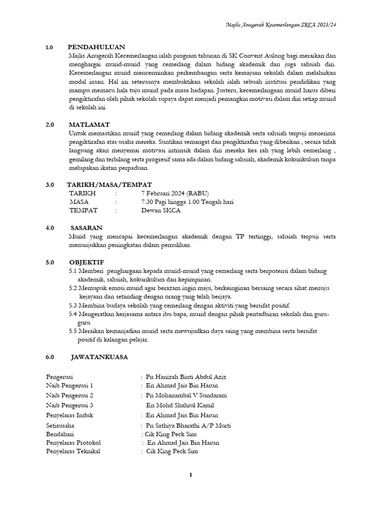 Kertas Kerja Majlis Anugerah Kecemerlangan Skca 2023-24 | PDF