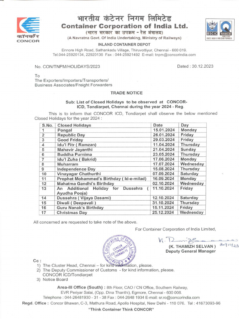 Trade Notice For Closed Holidays For The Year 2024 | PDF