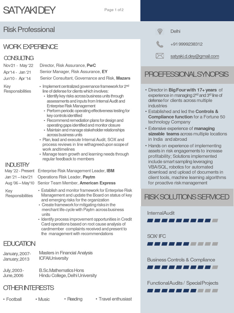 Satyaki Dey Resume | PDF | Risk Management | Enterprise Risk Management