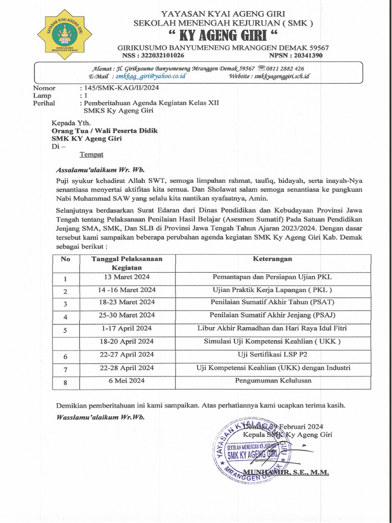 Surat Edaran Pemberitahuan Kelas XII | PDF