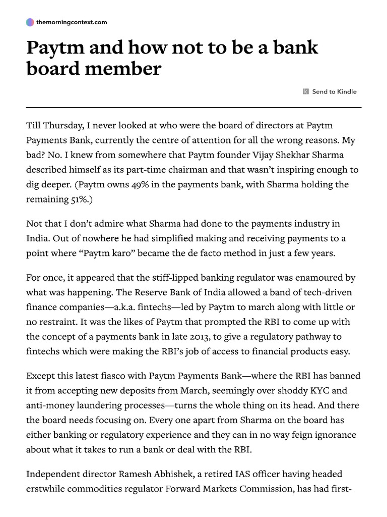 Paytm and How Not To Be A Bank Board Member | PDF