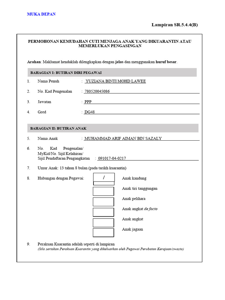 Borang Cuti Menjaga Anak Kuarantin 2023 | PDF | Hukum