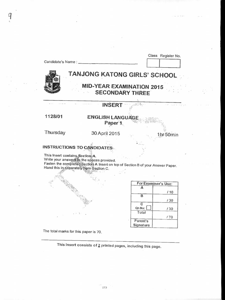 2016 Sec 3 Express English SA1 Tanjong Katong Girls' School | PDF