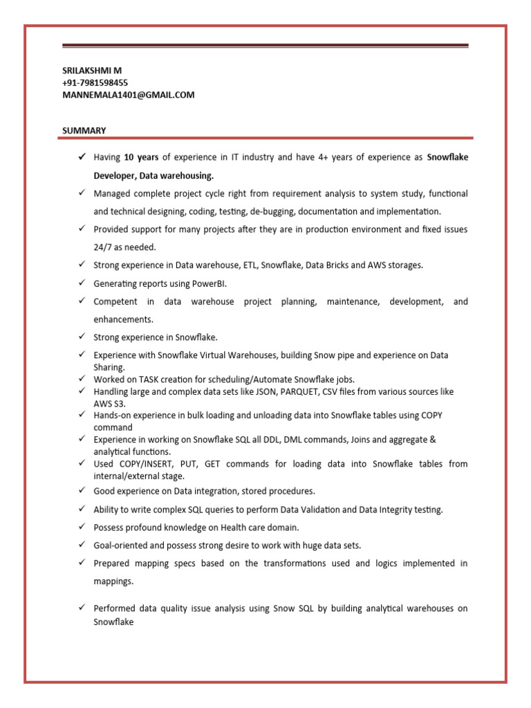 Lakshmi Snowflake Resume | PDF | Data Warehouse | Sql