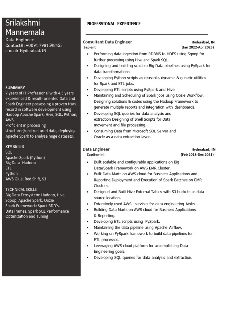Srilakshmi M Resume | PDF | Apache Spark | Sql