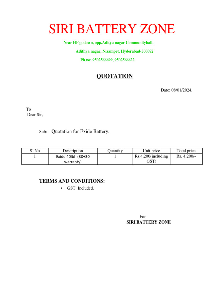 Quotation For Exide Battery-SBZ | PDF