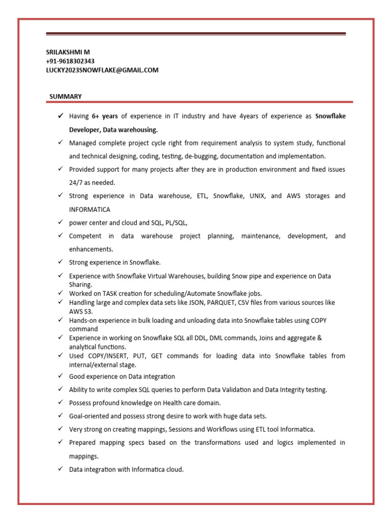 Lakshmi Snowflake Resume | Download Free PDF | Data Warehouse | Sql
