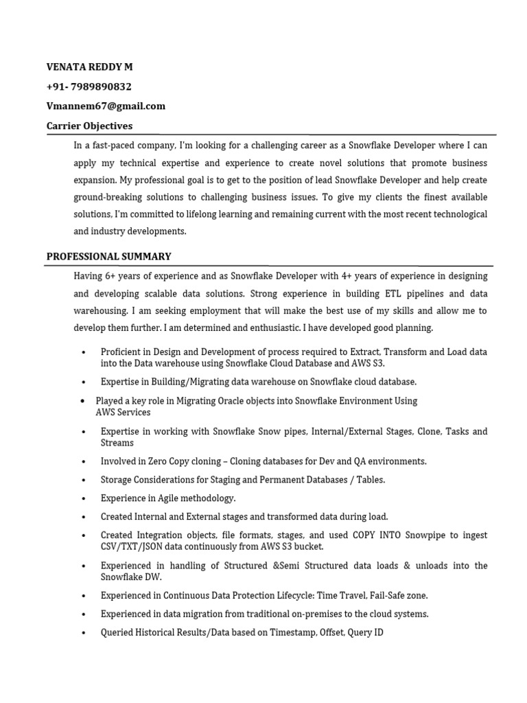 Snowflake Resume | PDF | Databases | Data Management