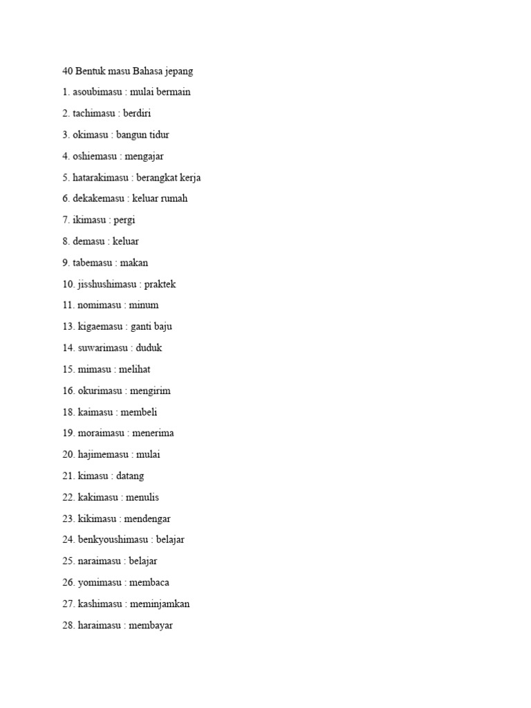 40 Bentuk Masu Bahasa Jepang | PDF | Kajian Bahasa Asing | Griya & Taman