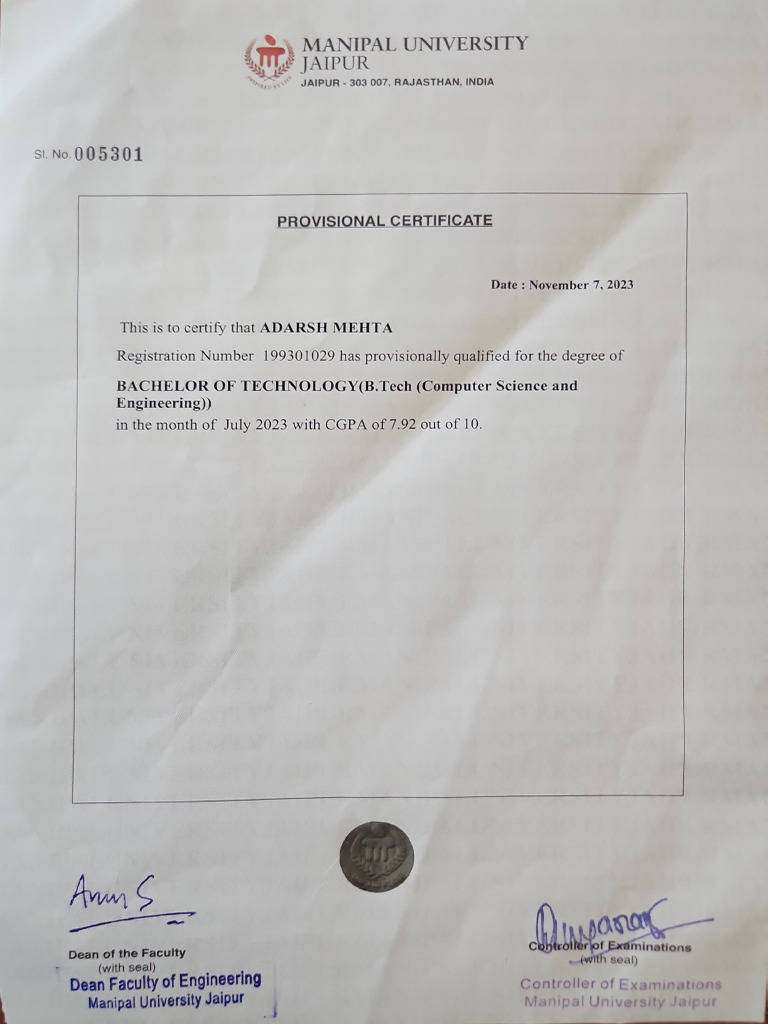 Provisional B.Tech Certificate - Manipal Jaipur | PDF