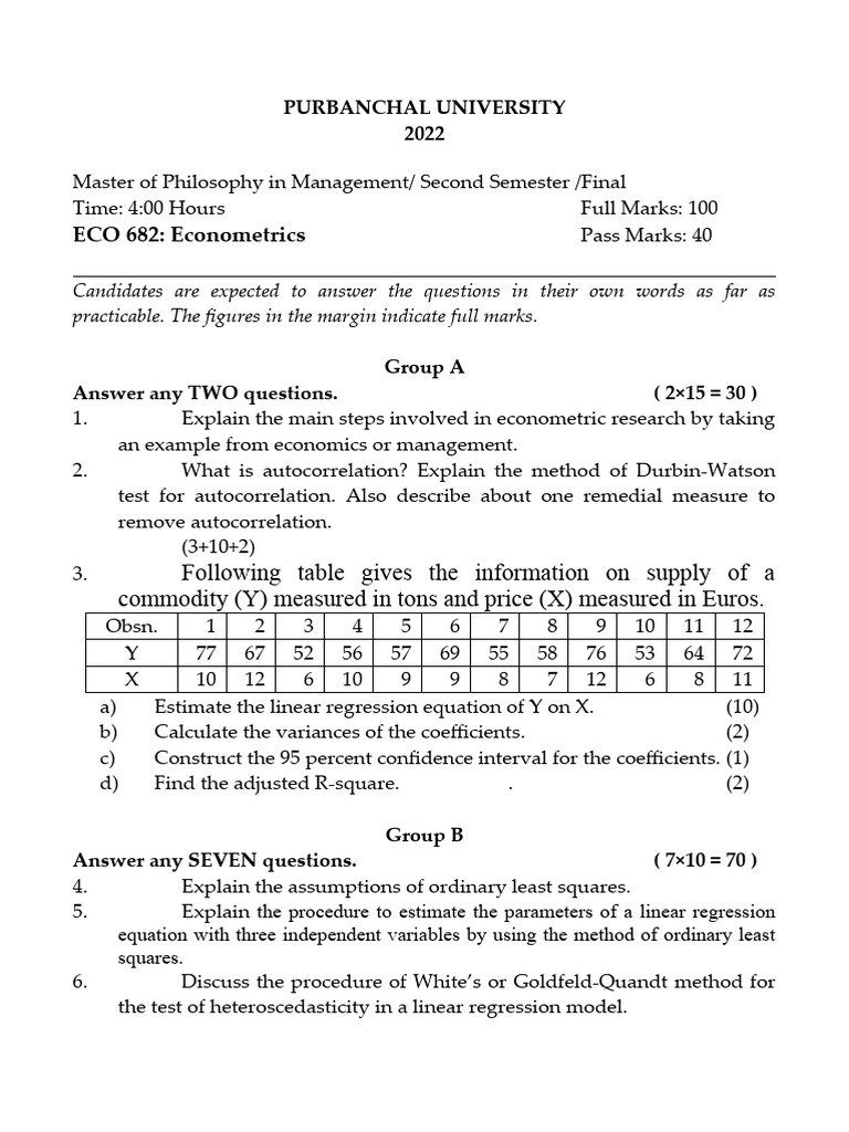 MPhil Econometrics Question Final Exam 2022 | PDF | Econometrics | Regression Analysis