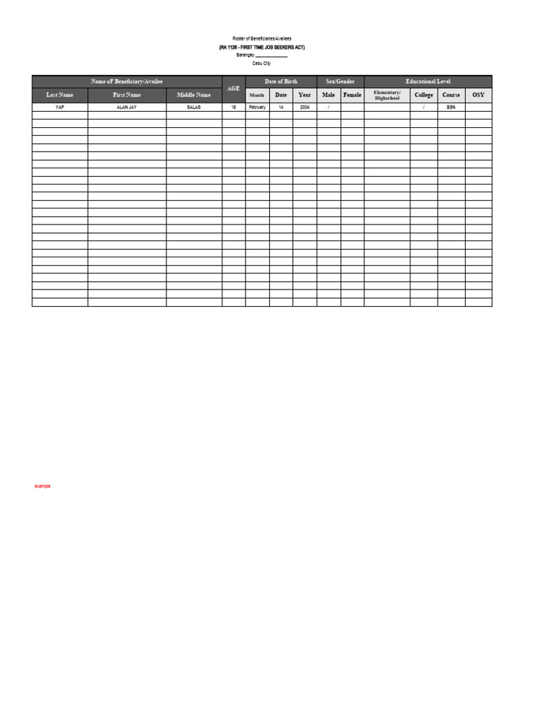 First Time Job Seeker Roster Template | PDF