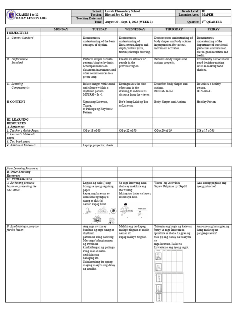 DLL - Mapeh 3 - Q1 - W1 | PDF | Teachers | Behavior Modification