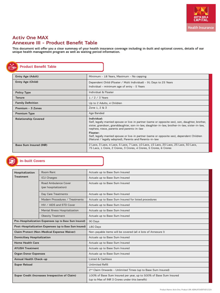 Activ One MAX Health Insurance Overview | PDF | Body Mass Index ...