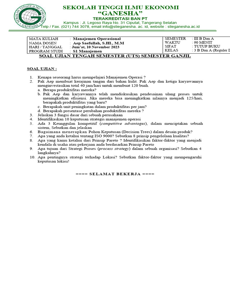 UTS Manajemen Operasional - Devi Larasati Hermawan - 122200040 | PDF | Karier & Perkembangan