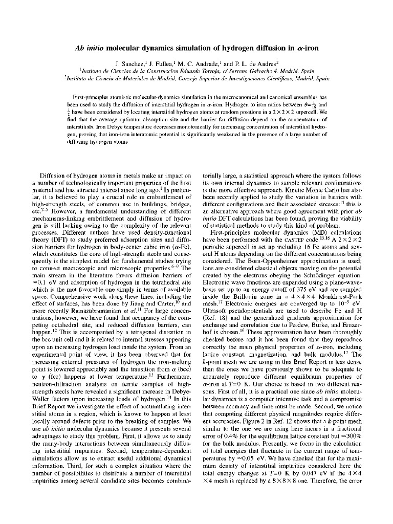 Ab Initio Molecular Dynamics Simulation of Hydrogen Diffusion | PDF | Density Functional Theory ...