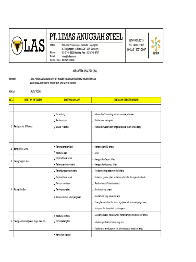 JSA Line Outlet Header Cooling Booster PLTU Tidore Unit 2 | PDF