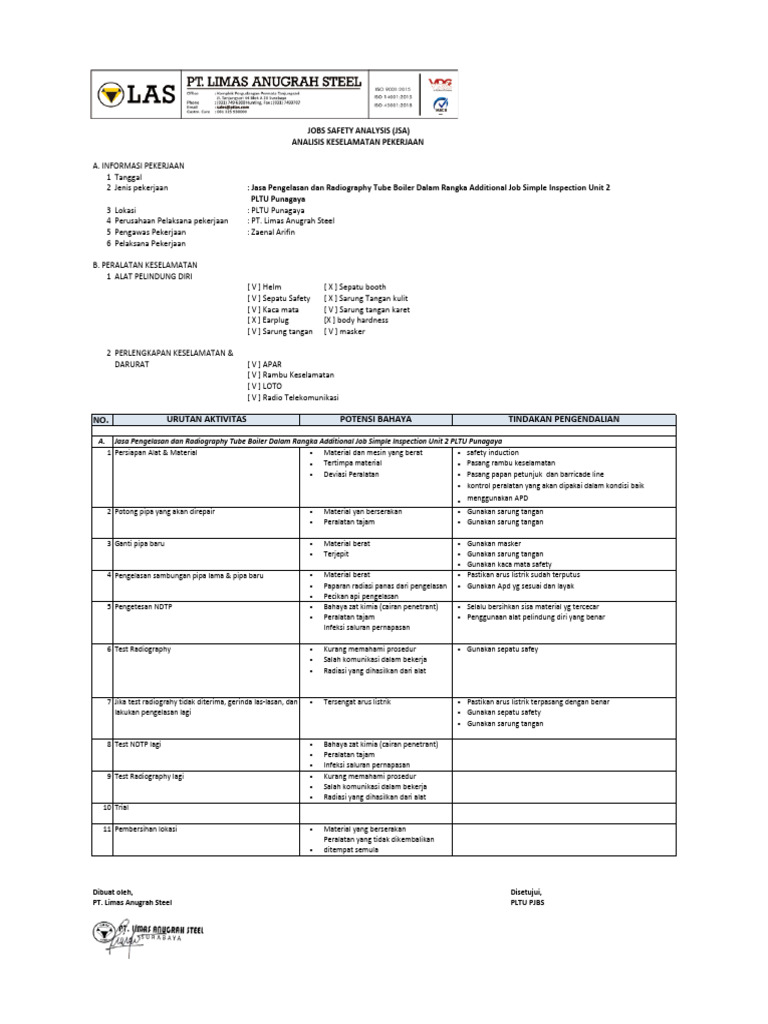 Revisi Jsa - Jasa Pengelasan Radiography Tube Boiler Dalam Rangka Add ...