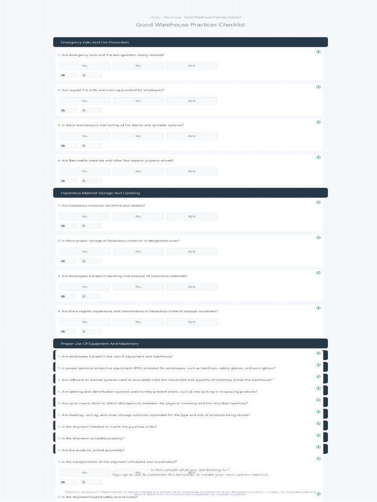 GoAudits - Good Warehouse Practices Checklist (Sample) | PDF