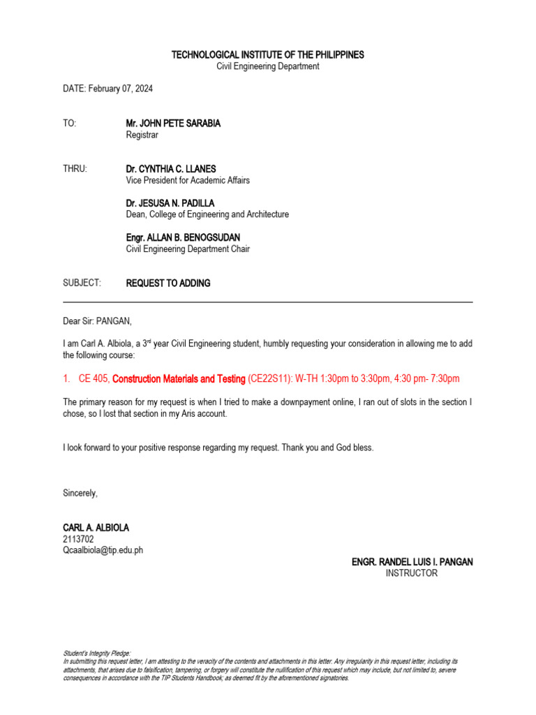 Sample Request Letter Format - LATE ADDING - CANCEL | PDF