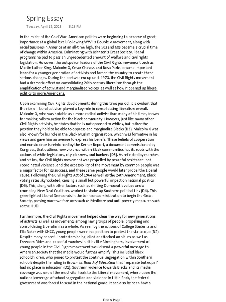 Spring Essay | PDF | Social Movements | Society Of The United States