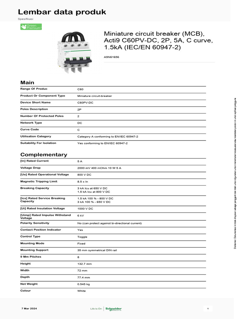 Schneider Electric_Acti9-C60HDC-Acti9-C60PVDC_A9N61656 | PDF | Electrical Components | Electronics