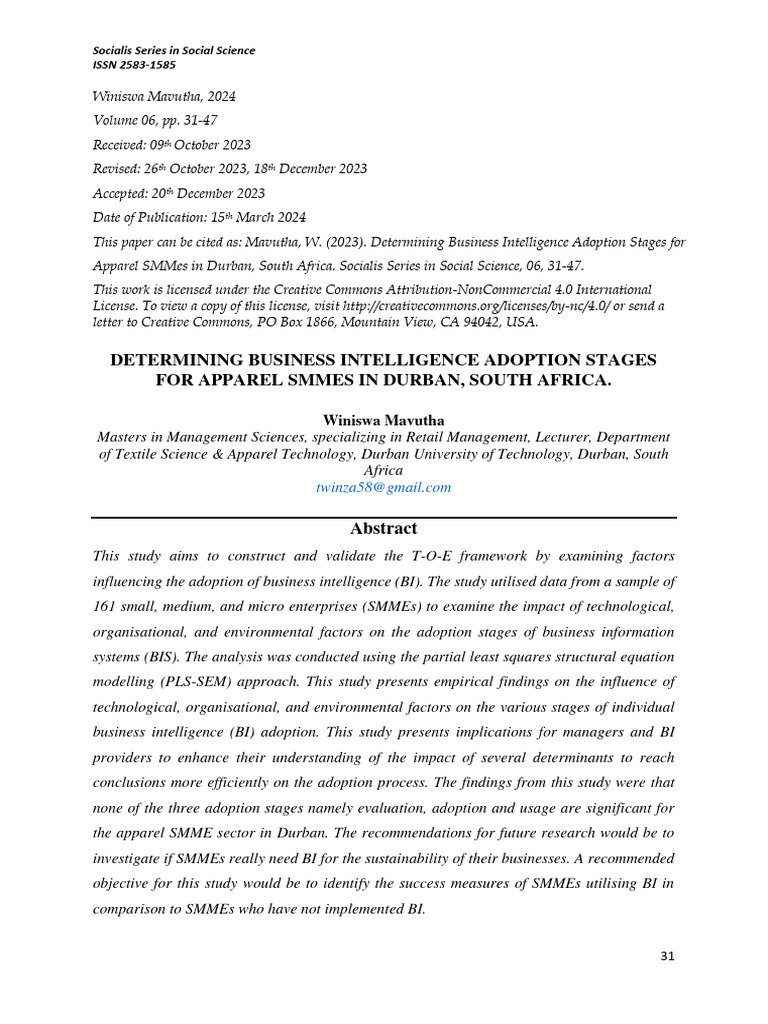 Determining Business Intelligence Adoption Stages For Apparel Smmes in Durban, South Africa ...