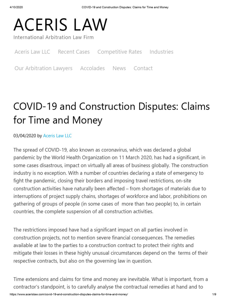 COVID-19 and Construction Disputes_ Claims for Time and Money | PDF ...