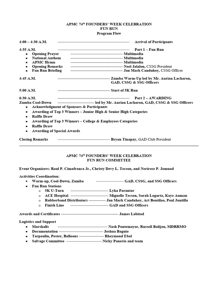 Apmc 74th Founders Week Fun Run Program Flow | PDF
